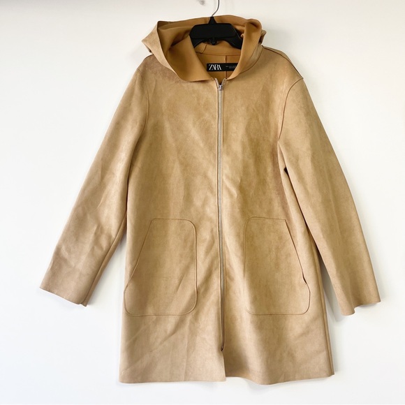 Zara | Jackets & Coats | Zara Tan Faux Suede Zip Up Hooded Jacket ...